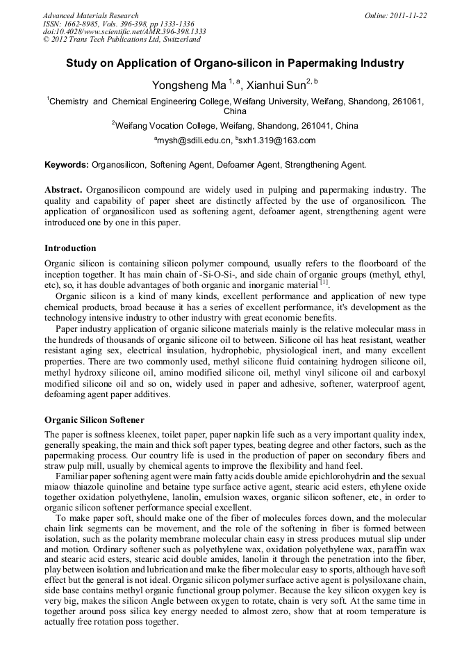 Study on Application of Organo-Silicon in Papermaking Industry ...