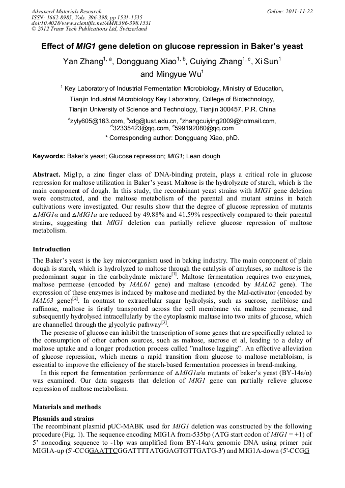 Effect of MIG1 Gene Deletion on Glucose Repression in Baker’s Yeast ...