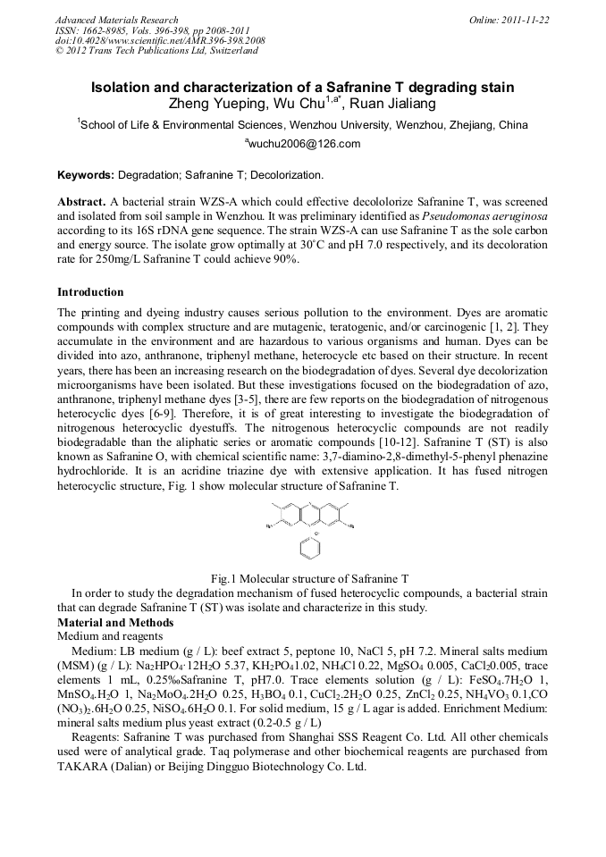 Isolation and Characterization of a Safranine T Degrading Stain ...