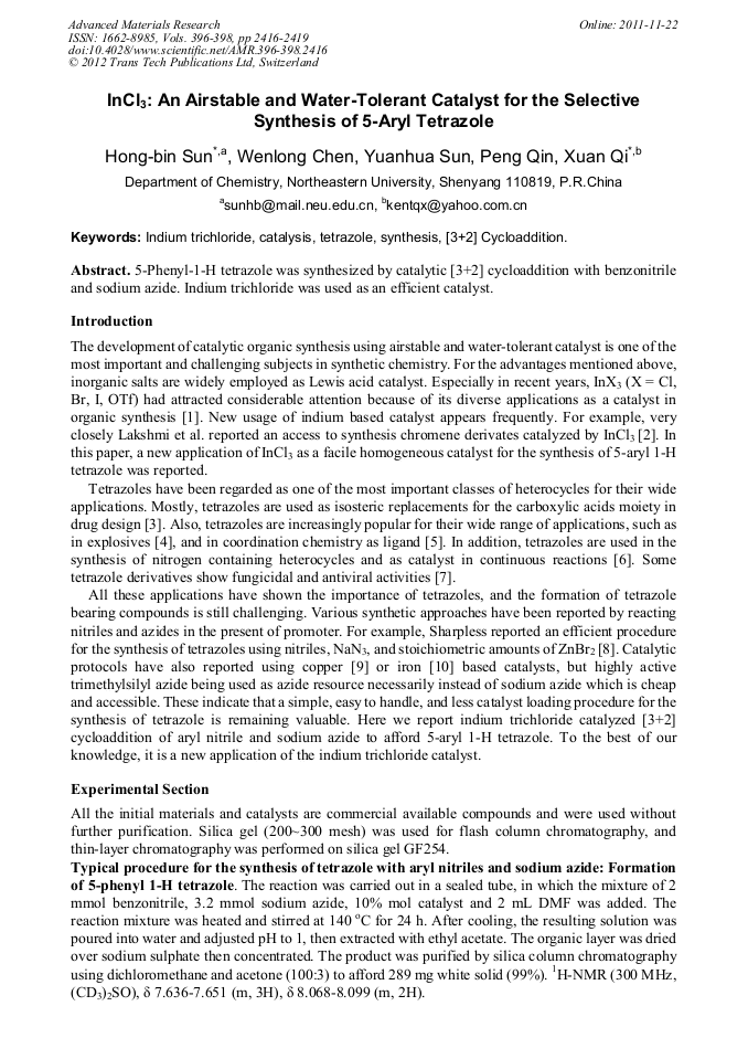 InCl3: an Airstable and Water-Tolerant Catalyst for the Selective ...