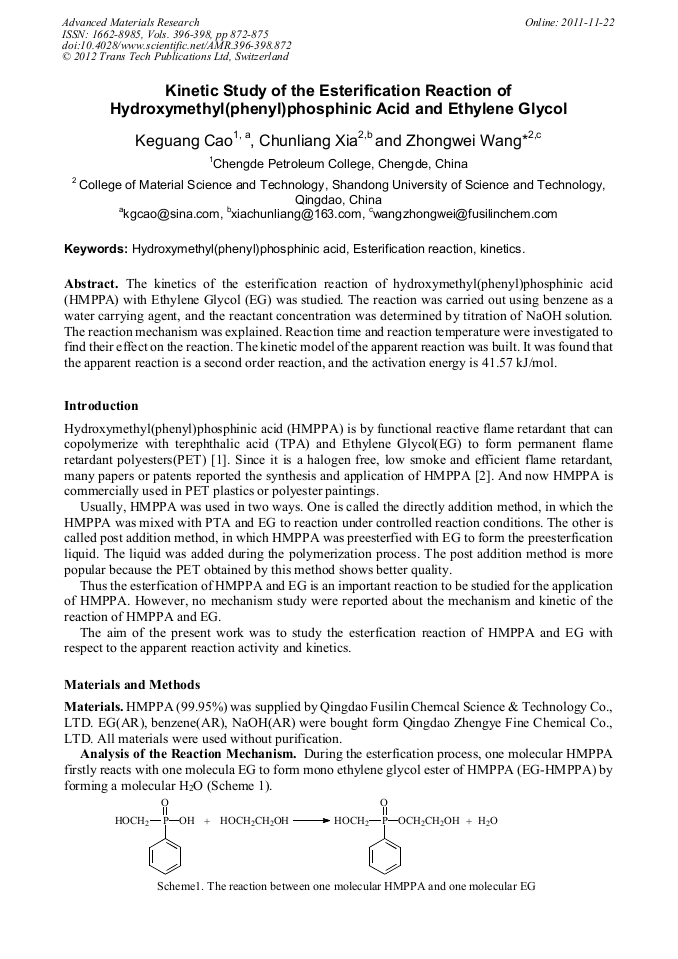 Kinetic Study of the Esterification Reaction of Hydroxymethyl(phenyl ...