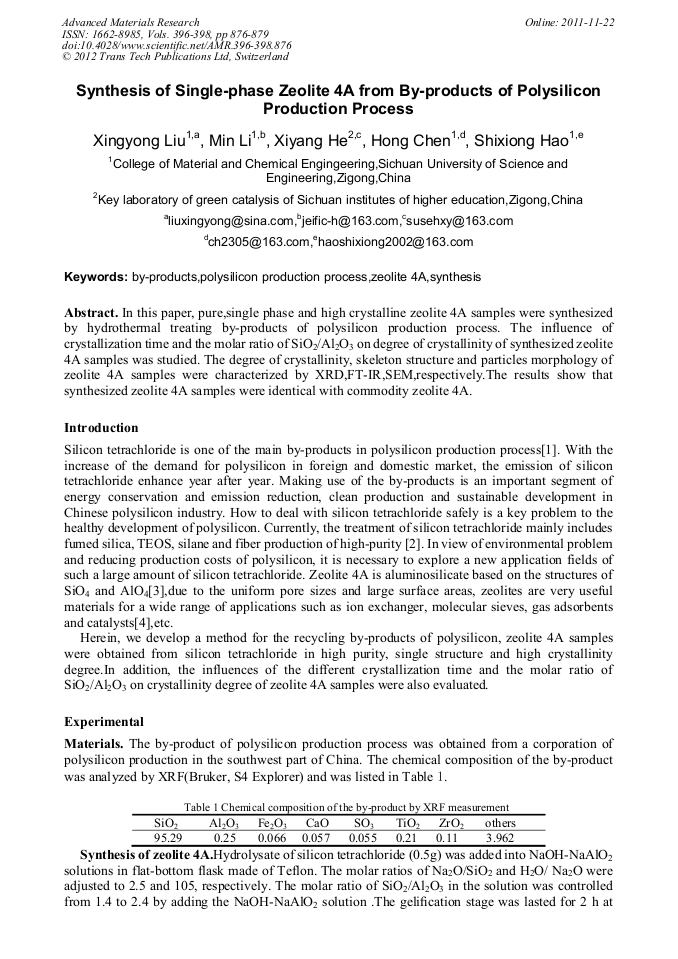 Synthesis of Single-Phase Zeolite 4A from by-Products of Polysilicon ...