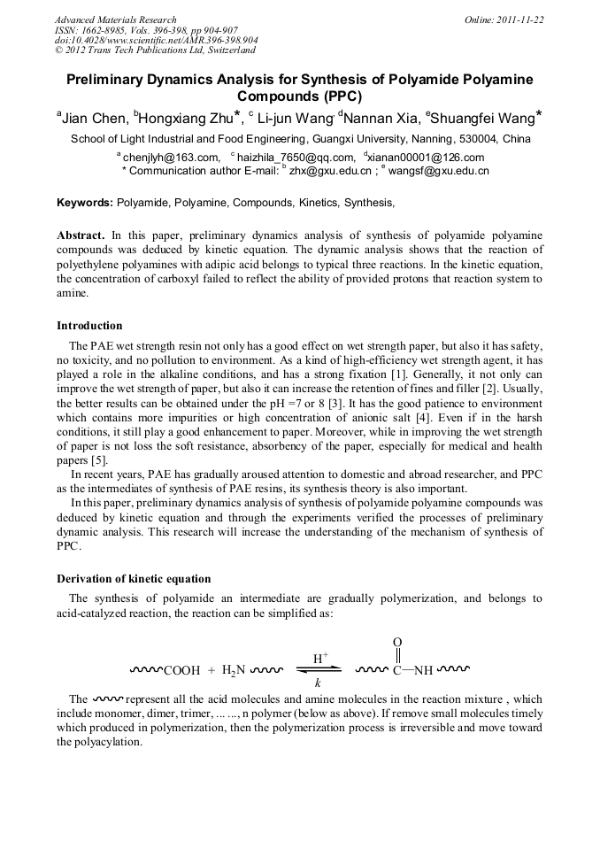 Preliminary Dynamics Analysis for Synthesis of Polyamide Polyamine ...