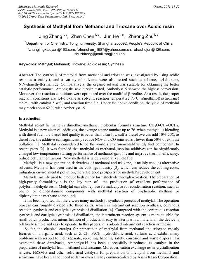 Synthesis of Methylal from Methanol and Trioxane over Acidic Resin ...