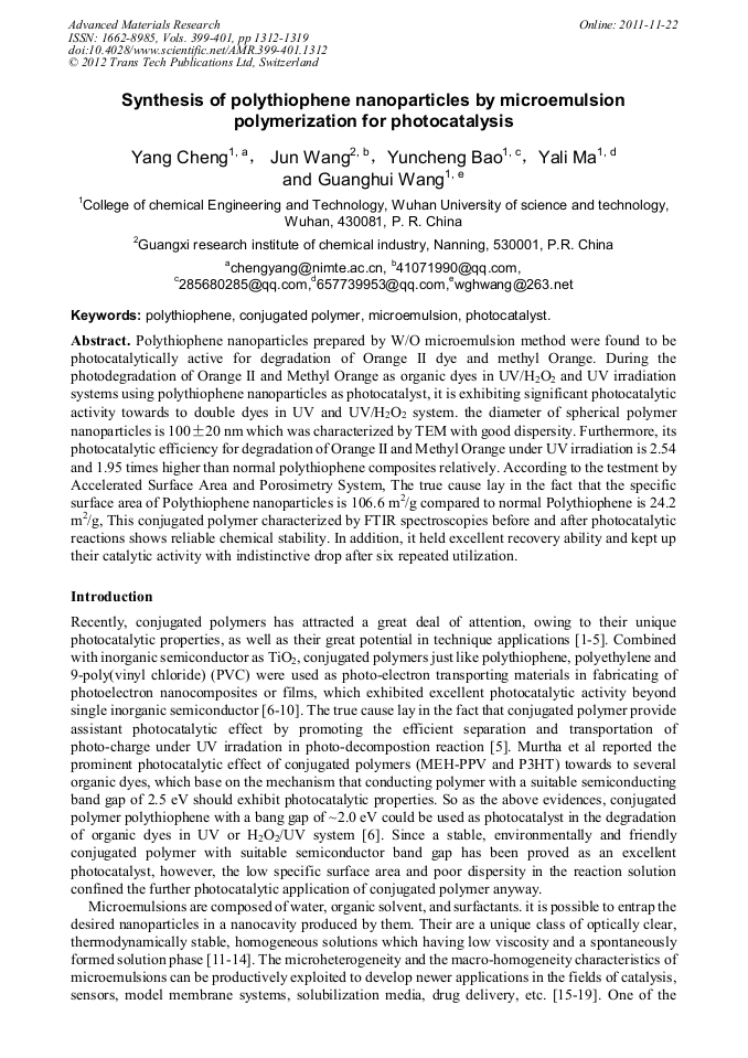 Synthesis of Polythiophene Nanoparticles by Microemulsion ...