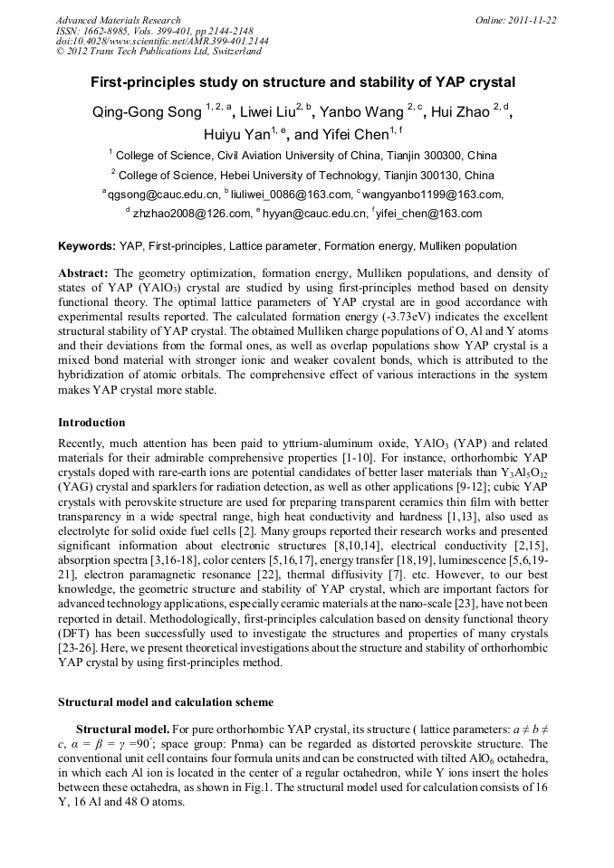 First-Principles Study on Structure and Stability of YAP Crystal ...