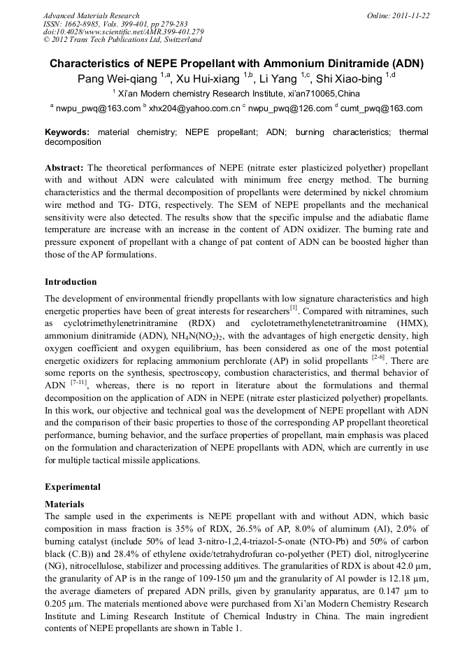 Characteristics of NEPE Propellant with Ammonium Dinitramide (ADN ...