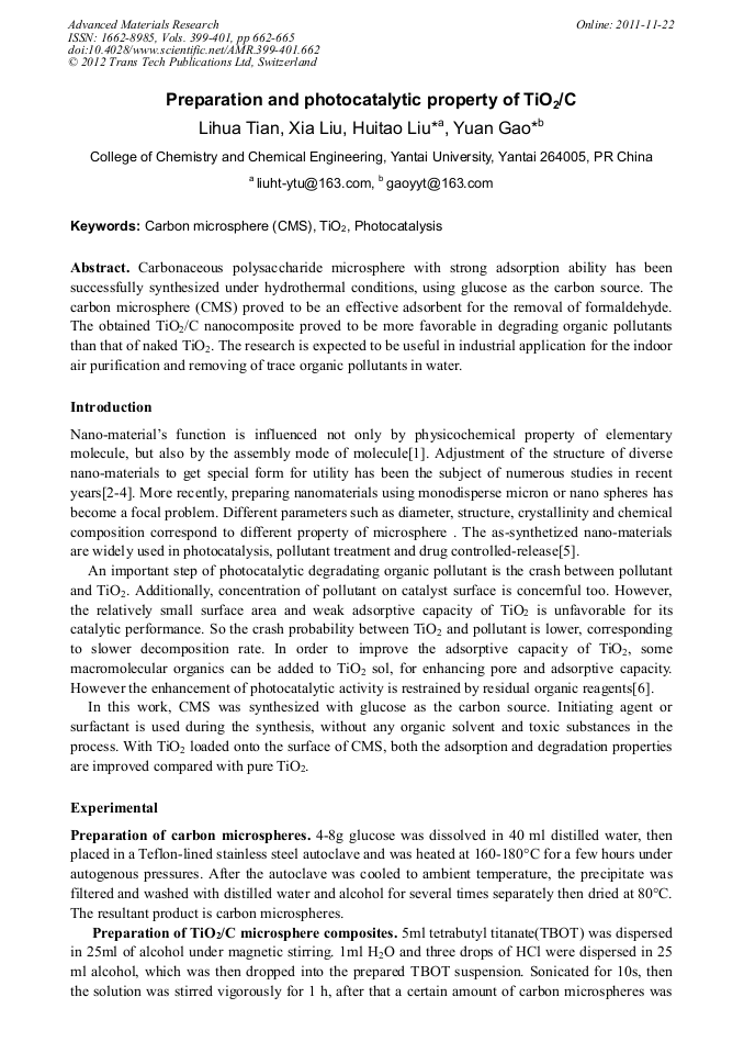 Preparation and Photocatalytic Property of TiO2/C | Scientific.Net