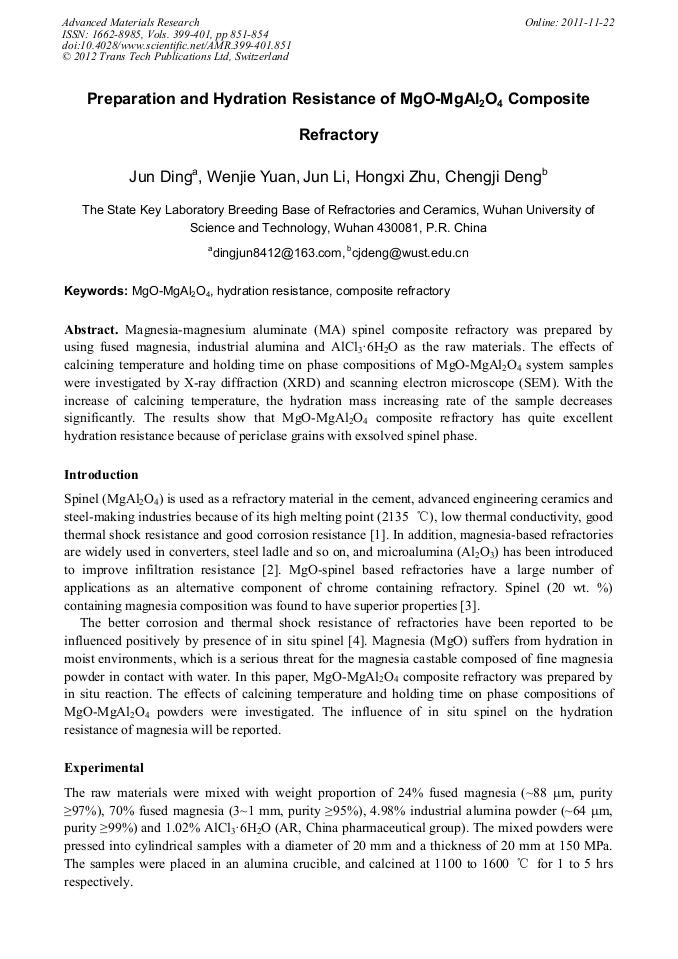 Preparation and Hydration Resistance of MgO-MgAl2O4 Composite ...