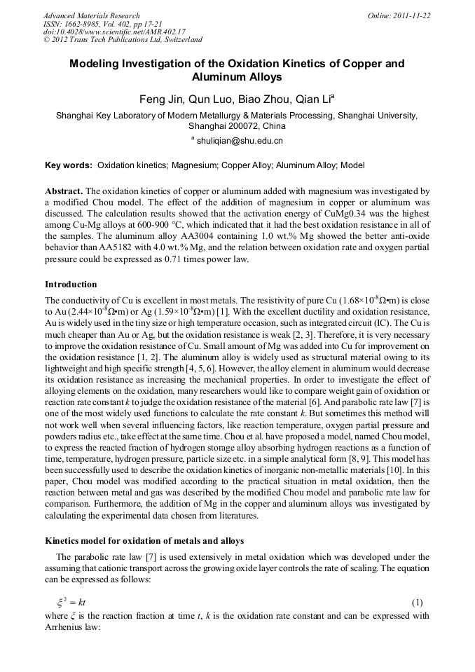 Modeling Investigation of the Oxidation Kinetics of Copper and Aluminum ...
