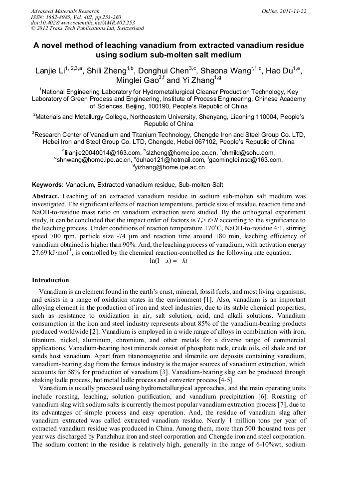 A Novel Method of Leaching Vanadium from Extracted Vanadium Residue ...