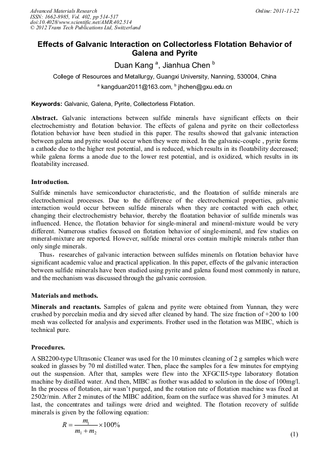 Effects of Galvanic Interaction on Collectorless Flotation Behavior of ...