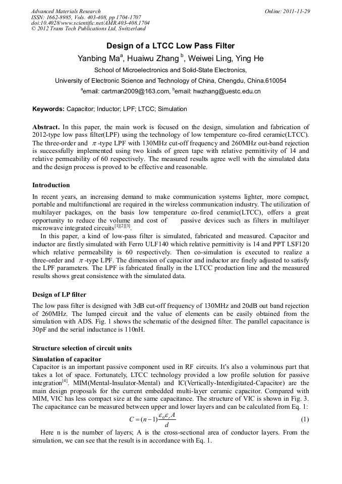 Design of a LTCC Low Pass Filter | Scientific.Net
