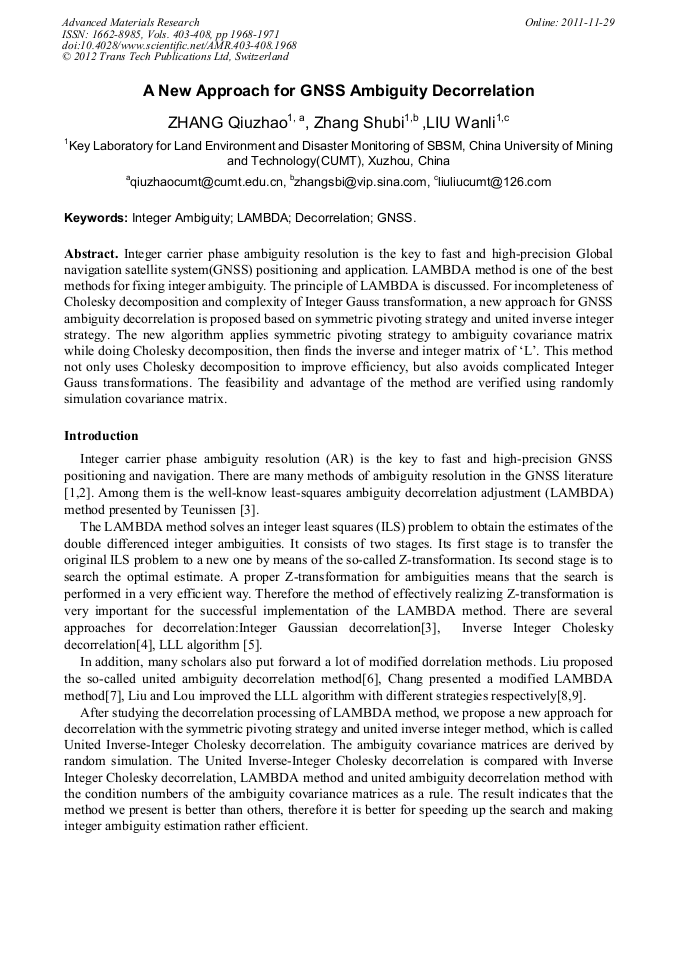 A New Approach for GNSS Ambiguity Decorrelation | Scientific.Net