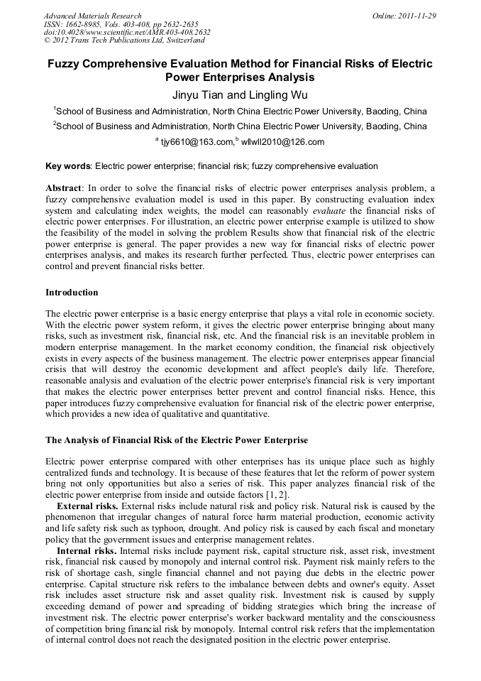 Fuzzy Comprehensive Evaluation Method for Financial Risks of Electric ...