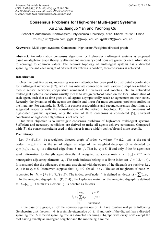 Consensus Problems for High-Order Multi-Agent Systems | Scientific.Net