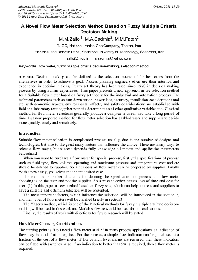 A Novel Flow Meter Selection Method Based on Fuzzy Multiple Criteria ...