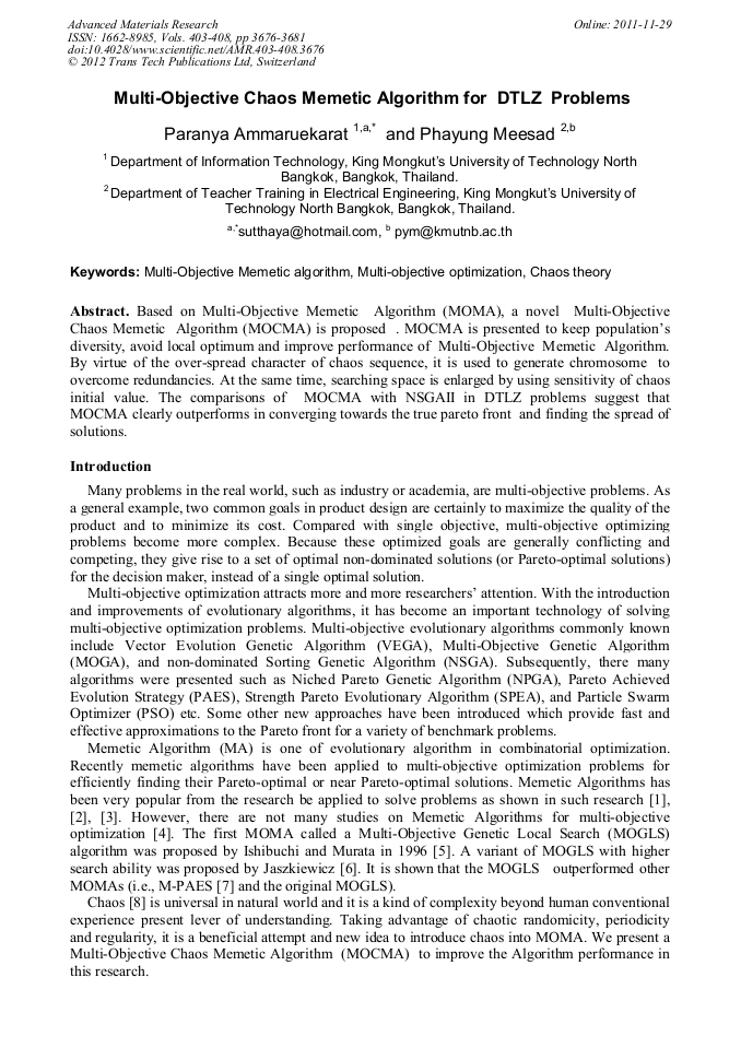 Multi-Objective Chaos Memetic Algorithm for DTLZ Problems | Scientific.Net