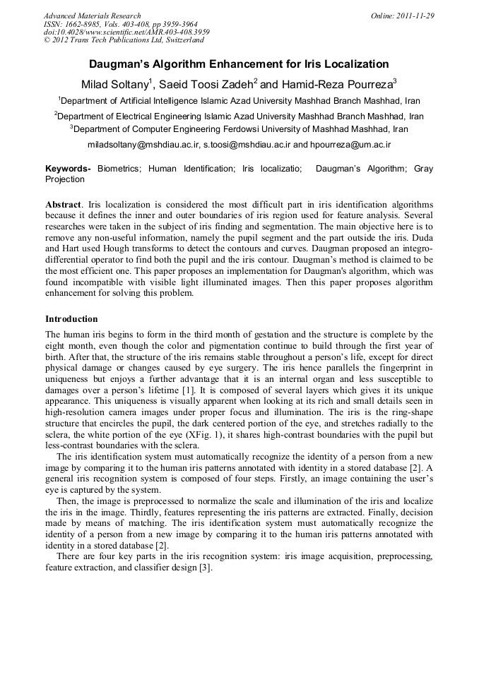 Daugman’s Algorithm Enhancement for Iris Localization | Scientific.Net