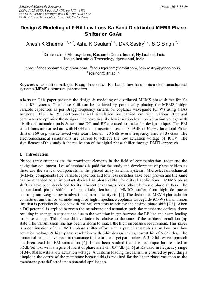 Design & Modeling of 6-Bit Low Loss Ka Band Distributed MEMS Phase Shifter on GaAs | Scientific.Net