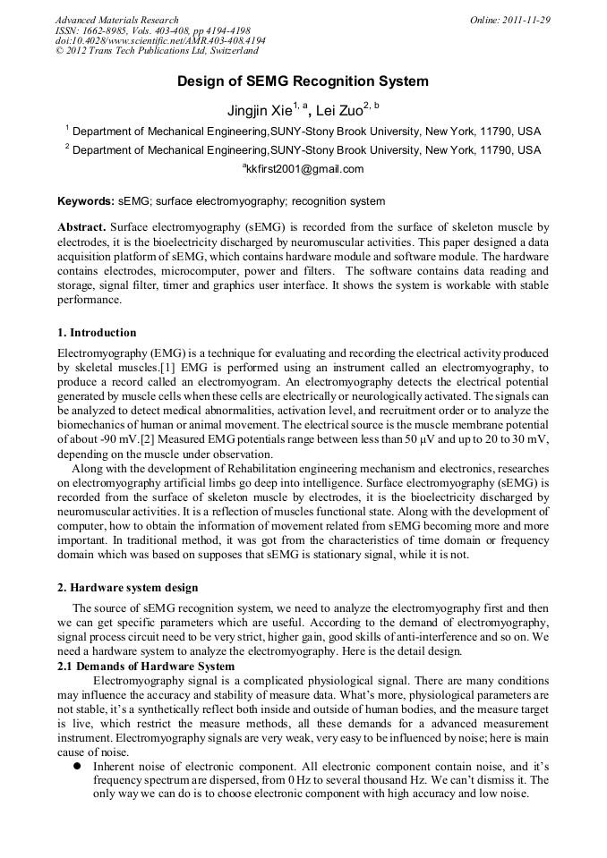 Design of SEMG Recognition System | Scientific.Net