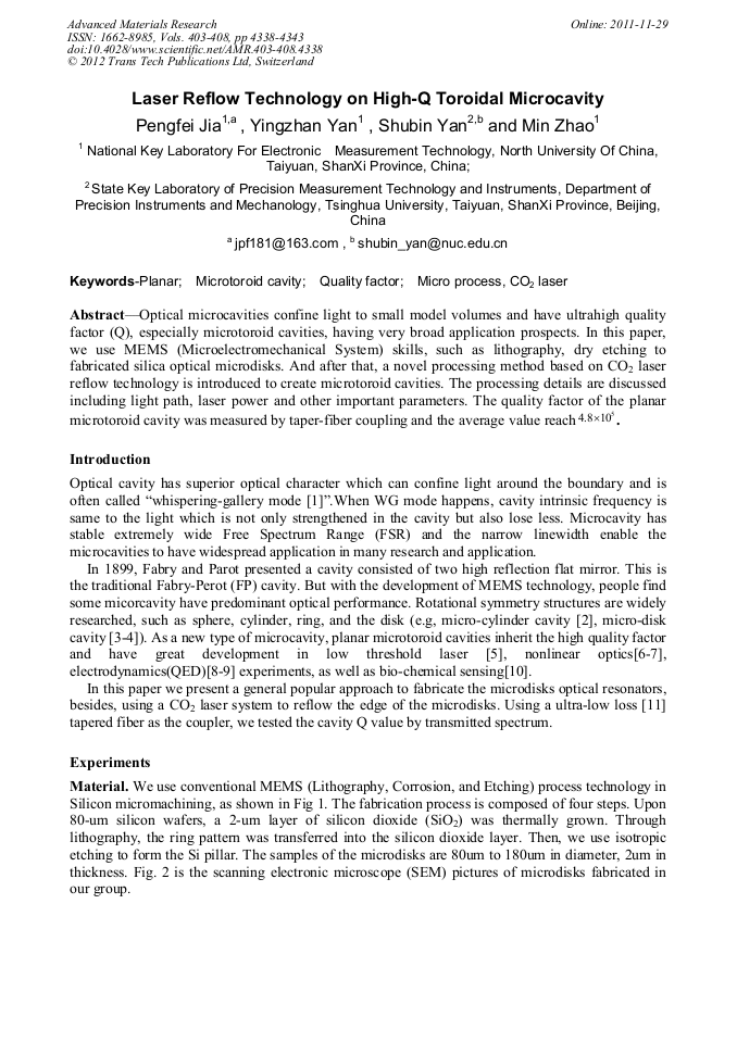 Laser Reflow Technology on High-Q Toroidal Microcavity | Scientific.Net