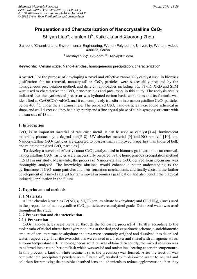 Preparation and Characterization of Nanocrystalline CeO2 | Scientific.Net