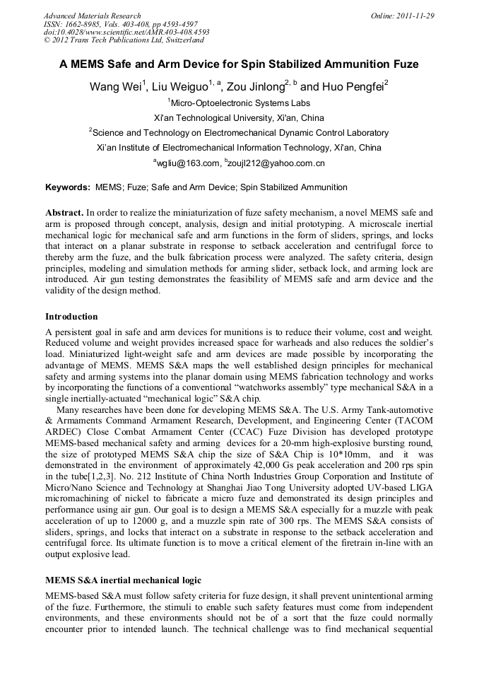 A MEMS Safe and Arm Device for Spin Stabilized Ammunition Fuze ...
