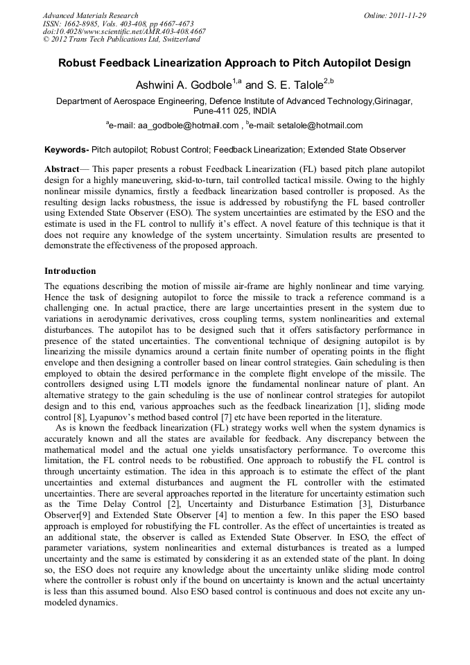 Robust Feedback Linearization Approach to Pitch Autopilot Design | Scientific.Net