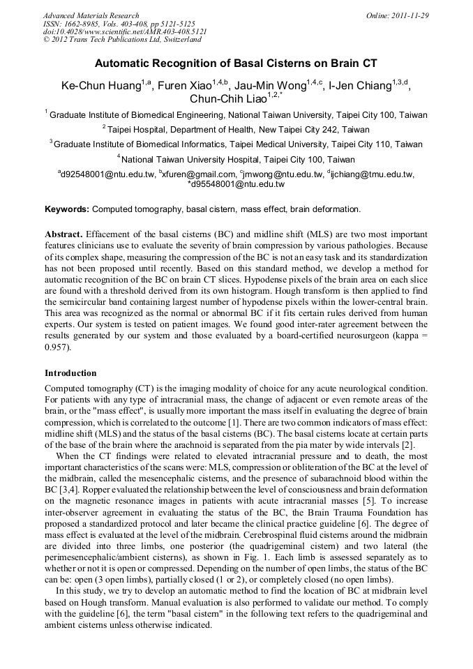 Automatic Recognition of Basal Cisterns on Brain CT | Scientific.Net