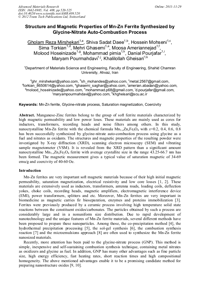 Structure and Magnetic Properties of Mn-Zn Ferrite Synthesized by ...