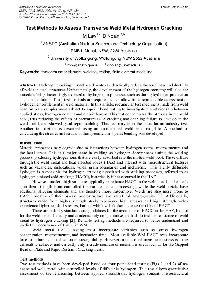 Test Methods to Assess Transverse Weld Metal Hydrogen Cracking ...