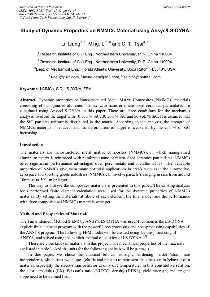 Study of Dynamic Properties on NMMCs Material Using Ansys/LS-DYNA ...