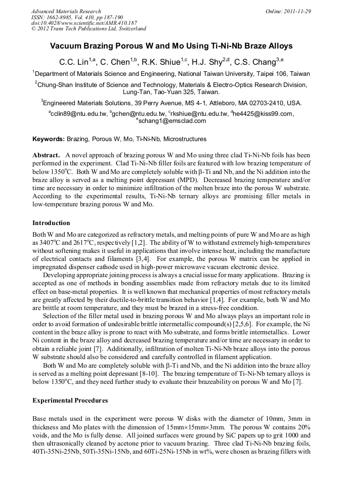 Vacuum Brazing Porous W and Mo Using Ti-Ni-Nb Braze Alloys | Scientific.Net