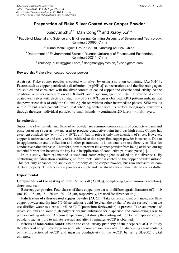 Preparation of Flake Silver Coated over Copper Powder | Scientific.Net