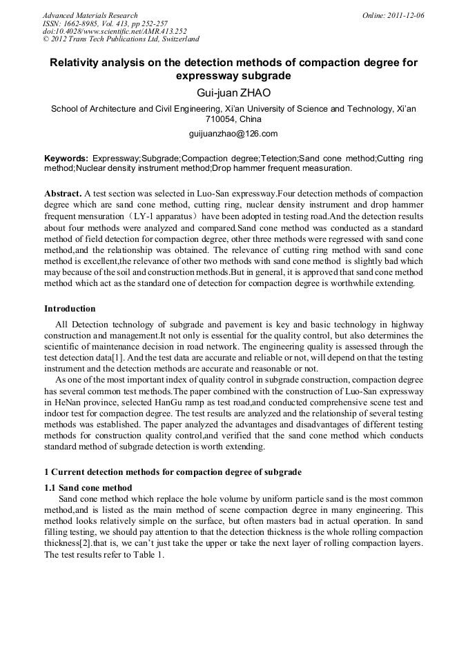 Relativity Analysis On The Detection Methods Of Compaction Degree For Expressway Subgrade