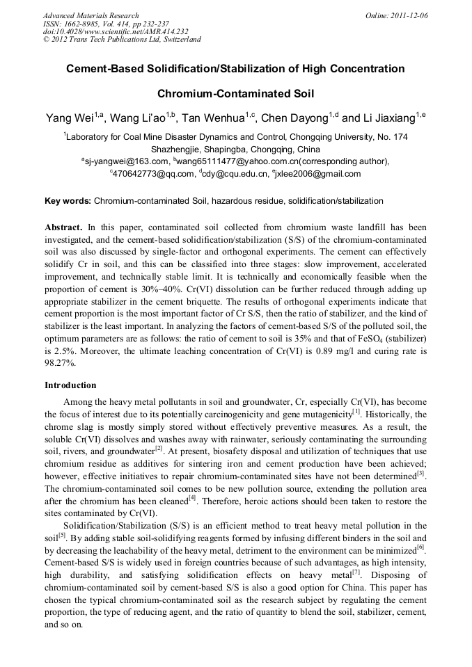 Cement-Based Solidification/Stabilization of High Concentration ...