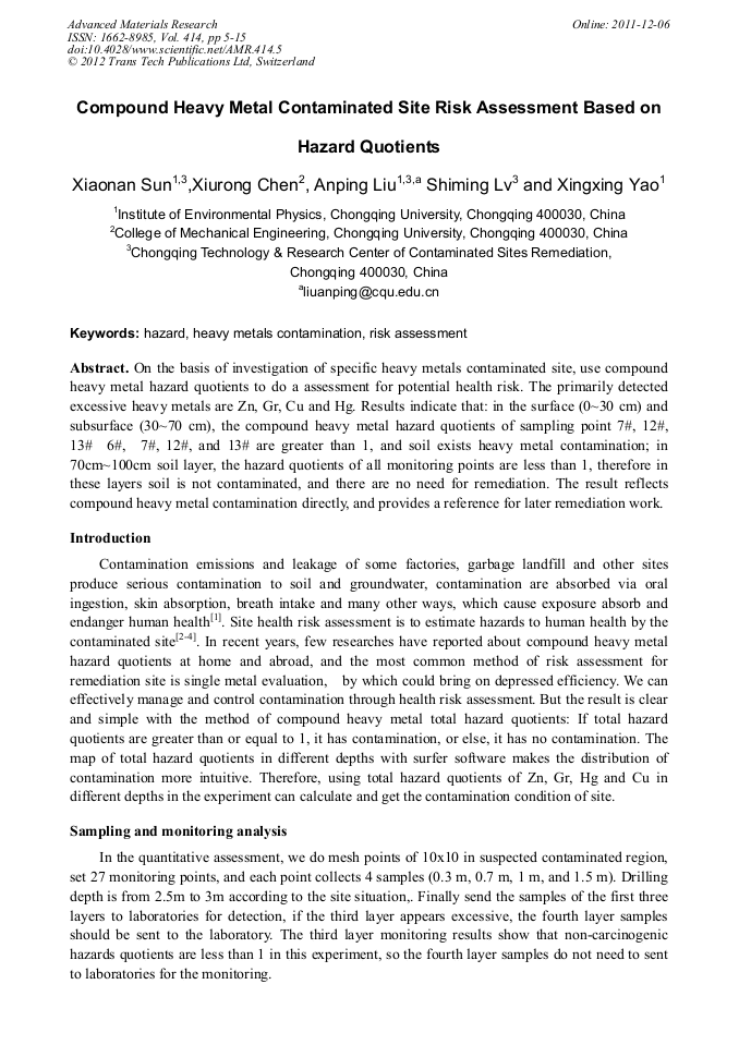 Compound Heavy Metal Contaminated Site Risk Assessment Based on Hazard ...