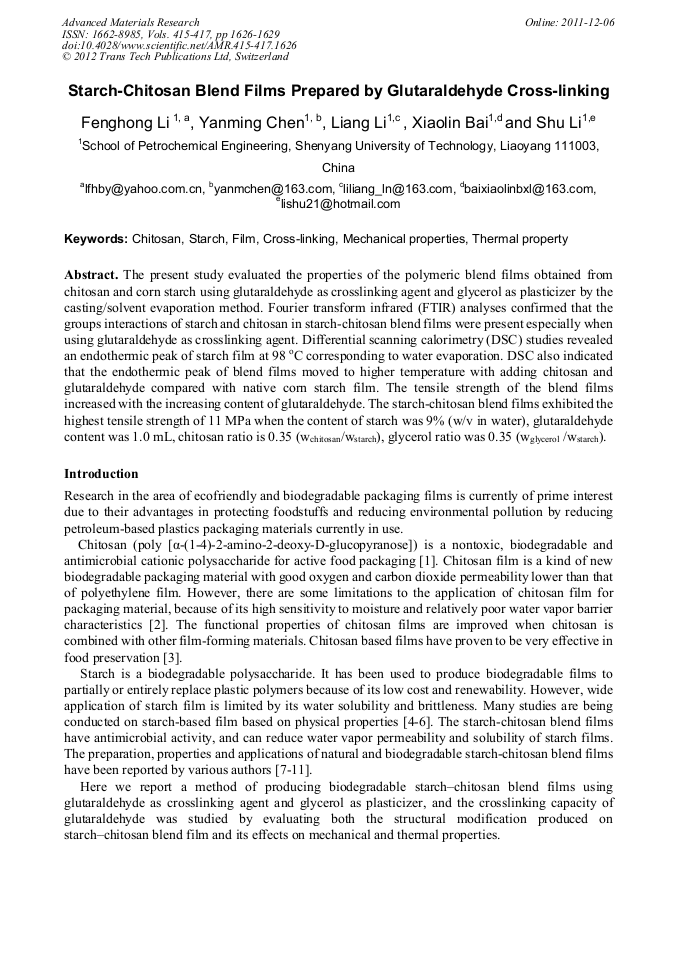 Starch-Chitosan Blend Films Prepared by Glutaraldehyde Cross-Linking ...