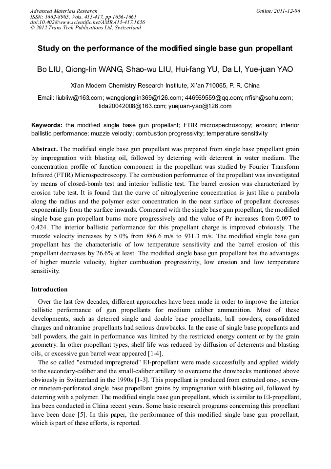 Study on the Performance of the Modified Single Base Gun Propellant ...
