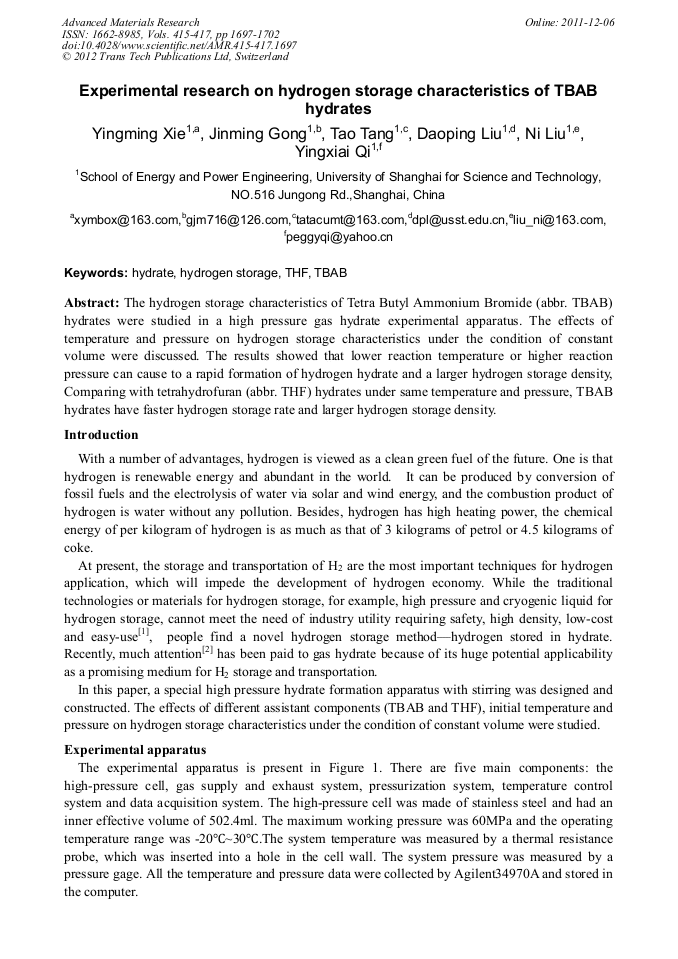 Experimental Research on Hydrogen Storage Characteristics of TBAB ...