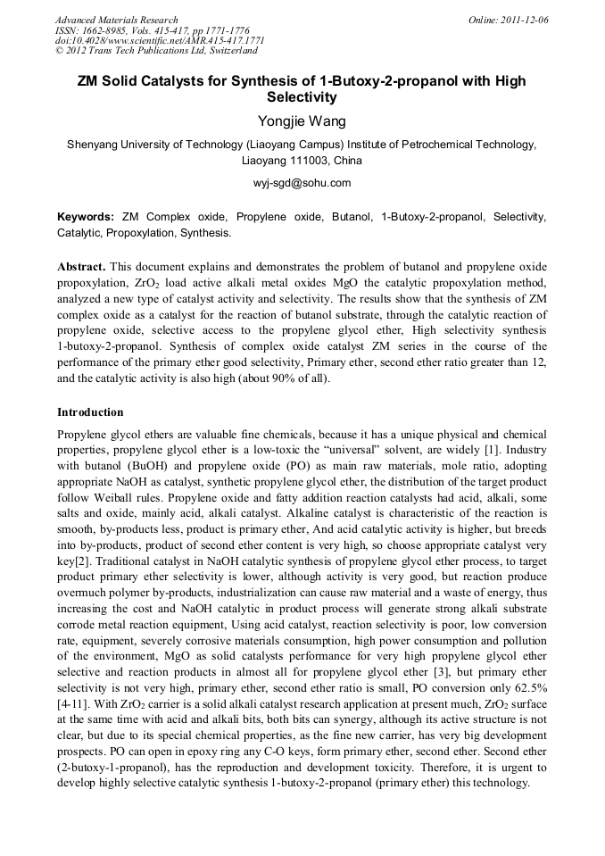 ZM Solid Catalysts for Synthesis of 1-Butoxy-2-Propanol with High ...