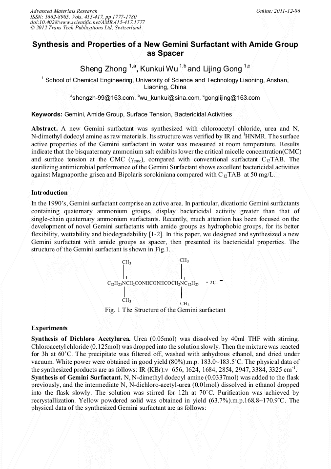 Synthesis and Properties of a New Gemini Surfactant with Amide Group as Spacer | Scientific.Net