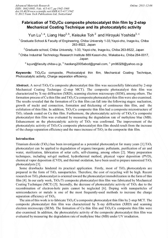 Fabrication of TiO2/Cu Composite Photocatalyst Thin Film by 2-Step ...