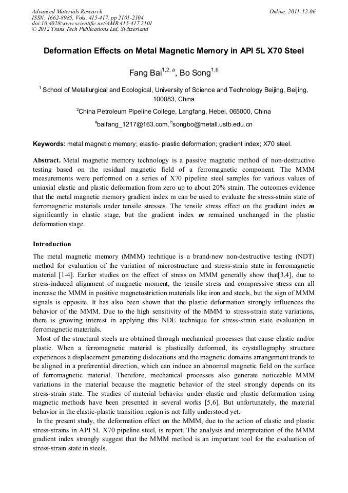 Deformation Effects on Metal Magnetic Memory in API 5L X70 Steel ...