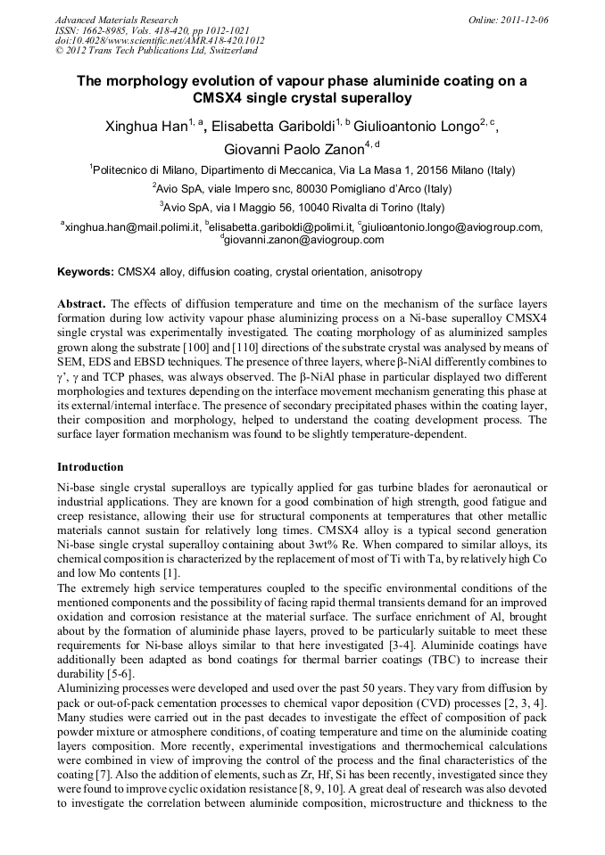 The Morphology Evolution of Vapour Phase Aluminide Coating on a CMSX4 ...