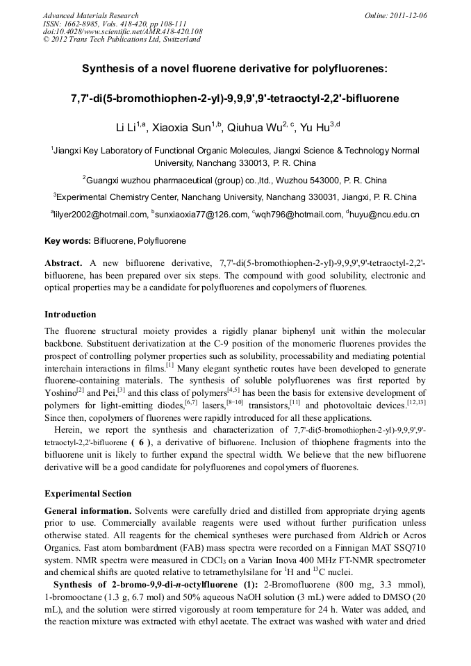 Synthesis of a Novel Fluorene Derivative for Polyfluorenes: 7,7'-di(5 ...
