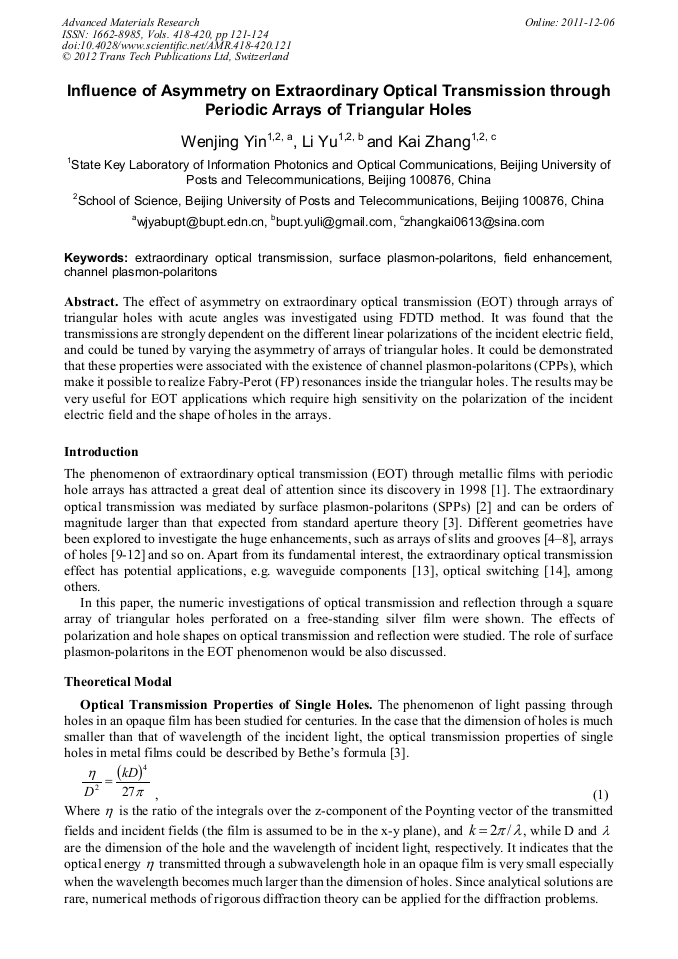 Influence of Asymmetry on Extraordinary Optical Transmission through ...