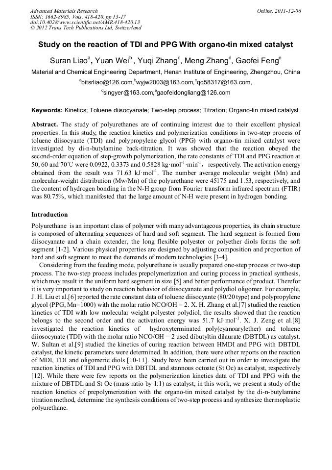 Study on the Reaction of TDI and PPG with Organo-Tin Mixed Catalyst ...
