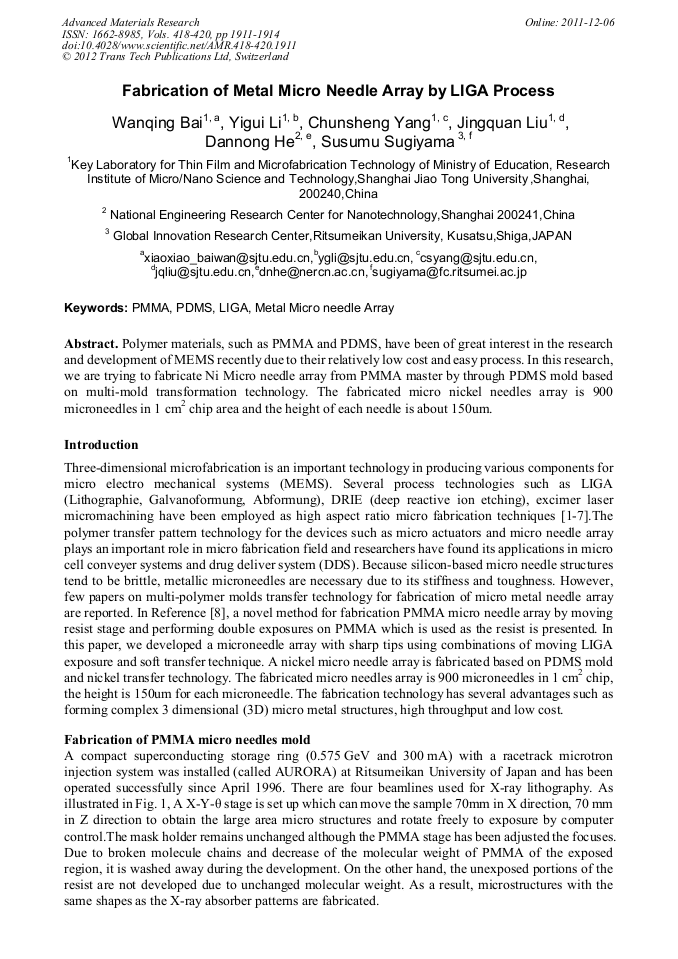 Fabrication of Metal Micro Needle Array by LIGA Process | Scientific.Net